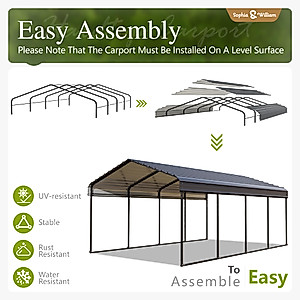 Carport Car Port Metal Canopy 12x20 ft Heavy Duty for Snow, Portable Garage Kit Shed Tent Shelter Metal Frame All Weather Outdoor for Boat with Anti-Leak Seam Taped, Dark Grey, Sophia & William