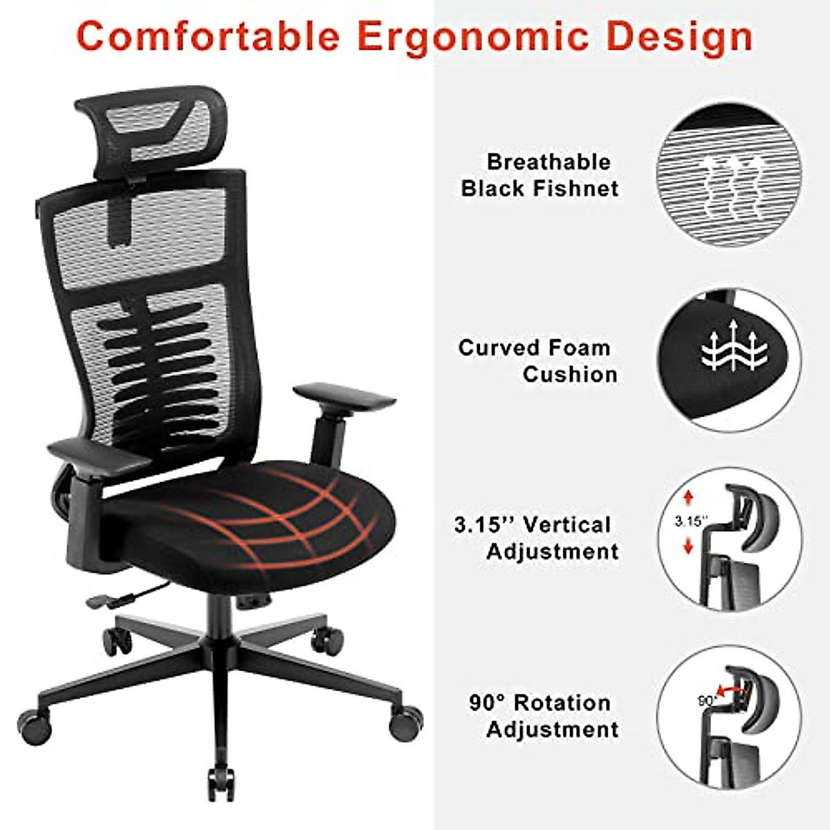 Luckyear Office Chairs,Ergonomic Home Desk Chairs,Adjustable Big Computer Chair with Lumbar Support Breathable Mesh Backrest Headrest,Tall Executive Office Task Chair,Black
