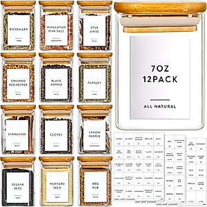 Laramaid 7oz 12Packs Glass Jars Set with 208 Minimalist Spice Labels, Square Spice Jars with Bamboo Lids and White Vinyl Customized Sticker Labels, Food Storage Container Canisters