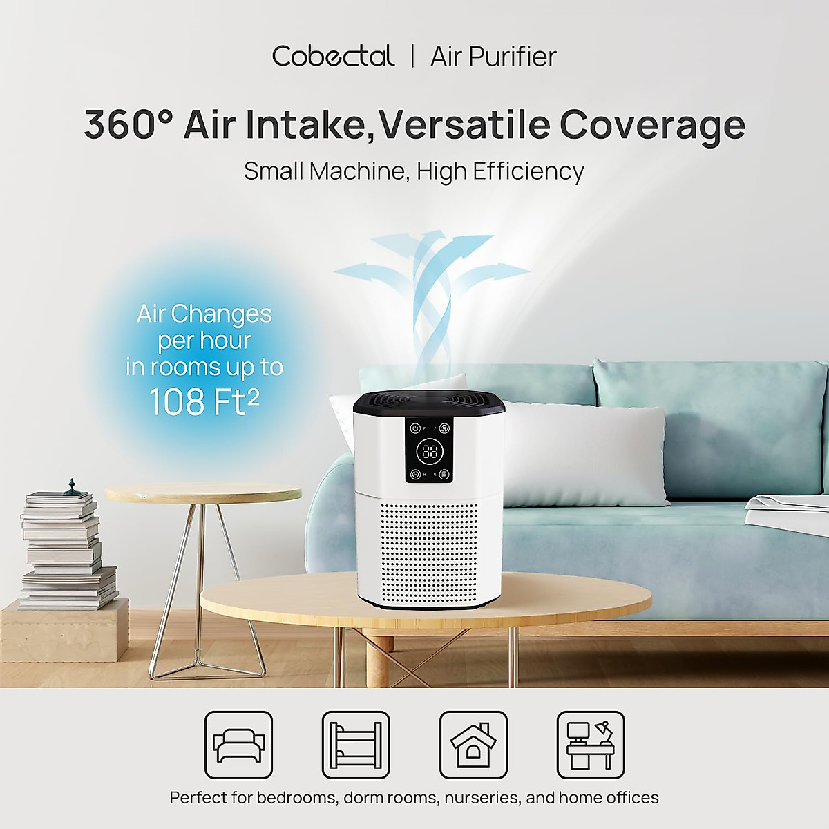 Air Purifiers for Home Bedroom, Quiet Air Purifiers with Sleep Mode, Portable Air Purifier with 4 Speed Control,9 Timers, Small Air Cleaner for Home,Office,Living Room, light white