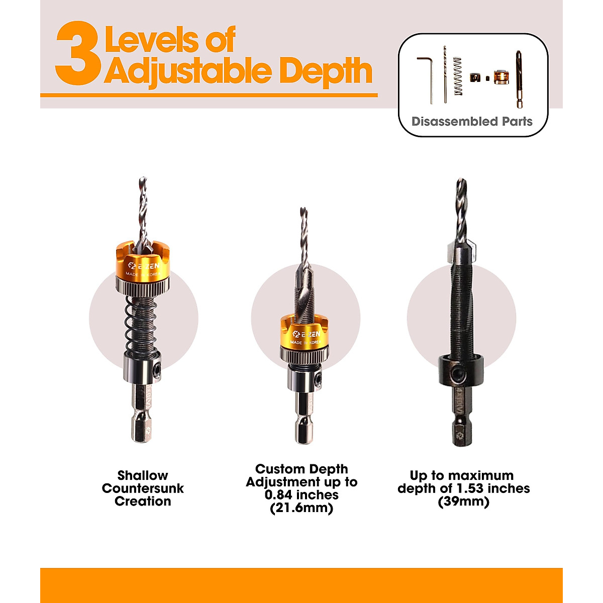 Adjustable Depth Countersink Drill Bit, Self-Adjusting Depth Control Without Wrench, Preventing Scratches Or Marks by Stopper Mounted Bearing, Tungsten Carbide Tipped Counterbore (1/8" x5/16(3x8mm))