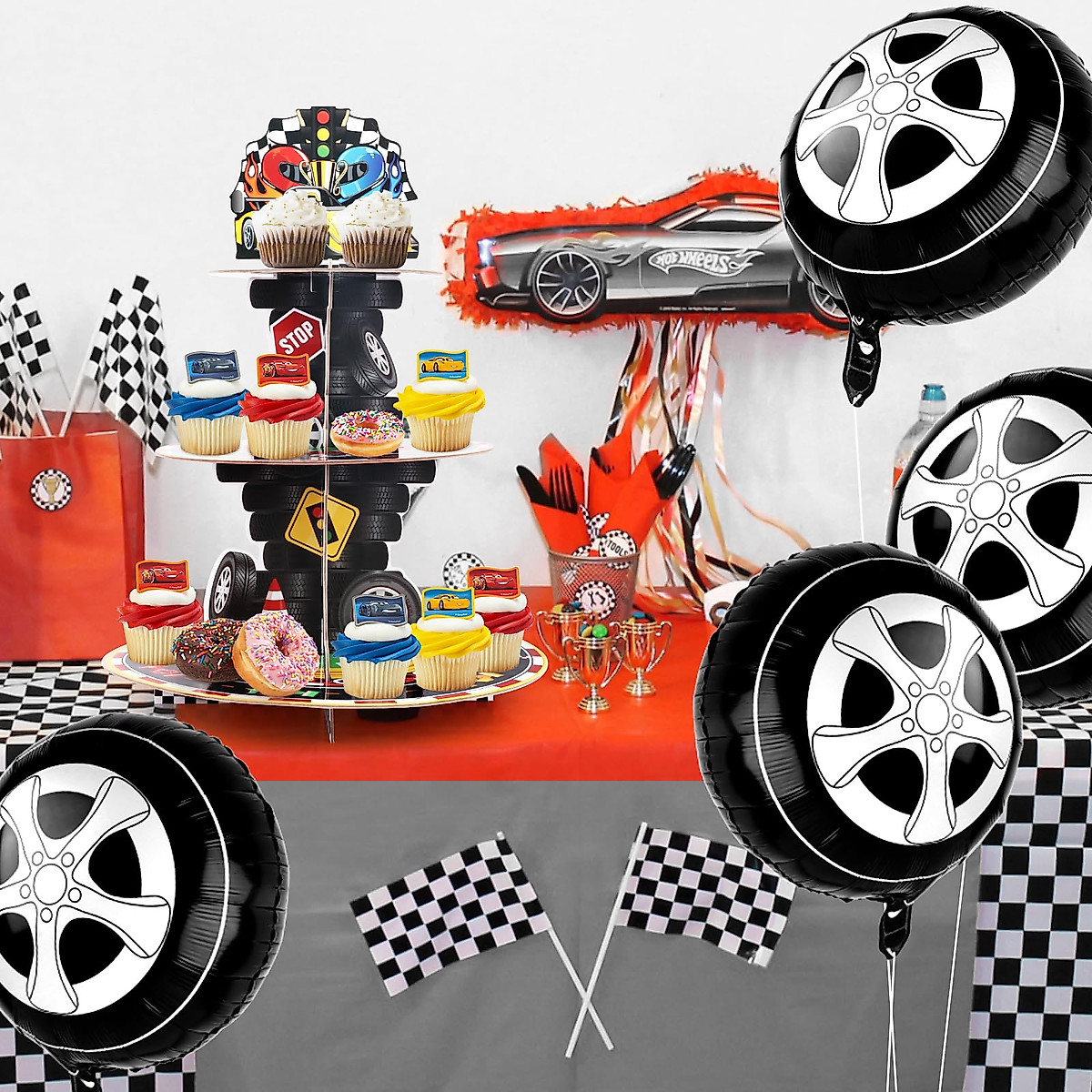 Waenerec Race Car Birthday Party Supplies 8PCS Tire Balloons & 3 Tier Cupcake Stand Food Display Dessert Holders Tower for Kids Classic Car Party Decorations