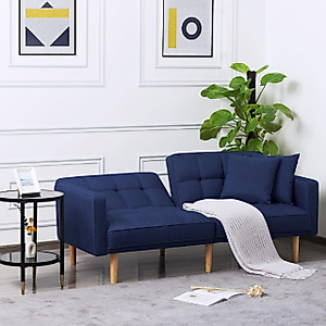 LCH Modern Tuft Futon Couch Convertible Loveseat Reclining Twin Size with Arms and 2 Pillows for Living Room, Navy Blue, Sleeper Sofa Bed 2