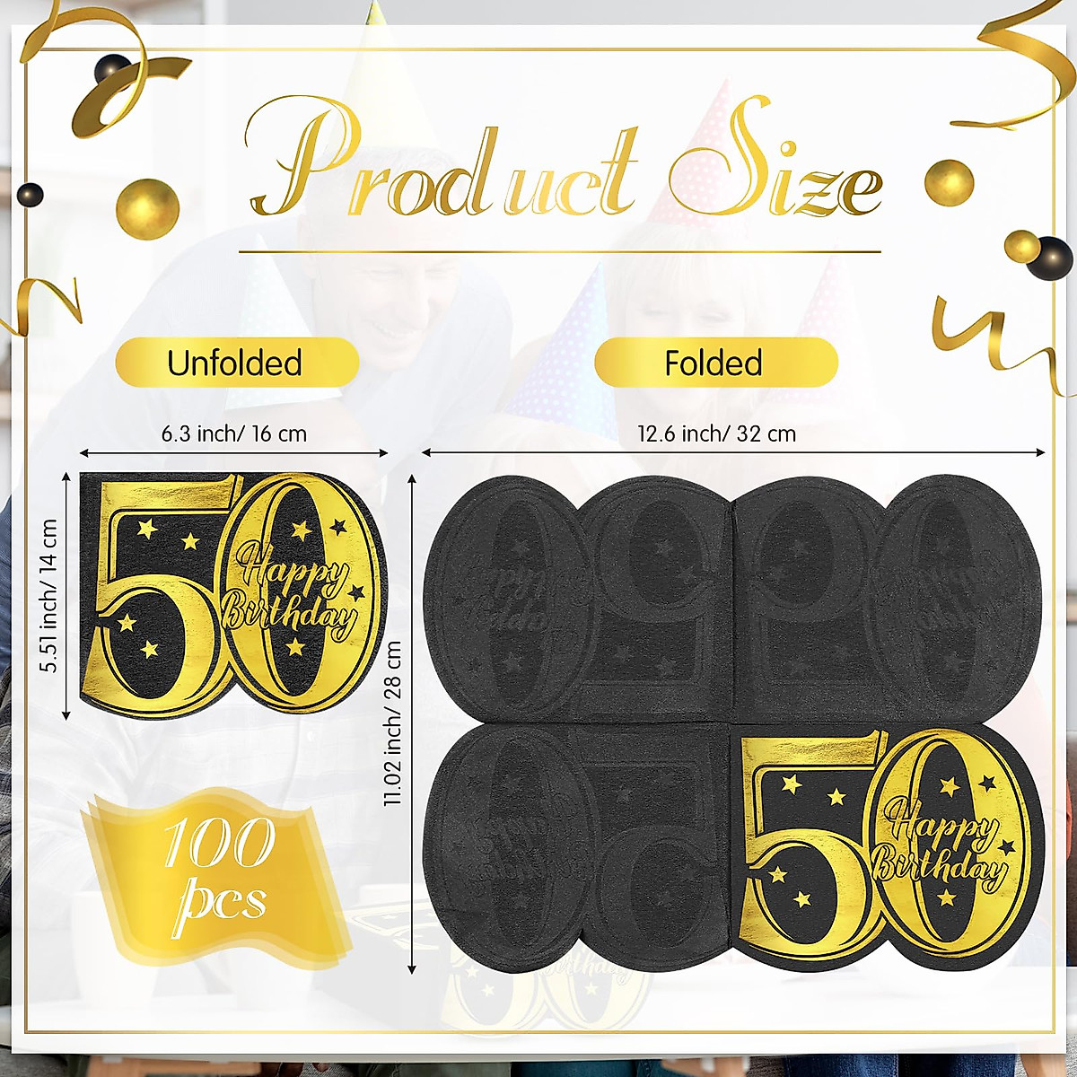 Pasimy 100 Pcs 50th Birthday Napkins Black and Gold 50th Cocktail Napkins Disposable 50 Year Paper Napkins 50th Birthday Favors for 50th Anniversary Birthday Wedding Party Decorations