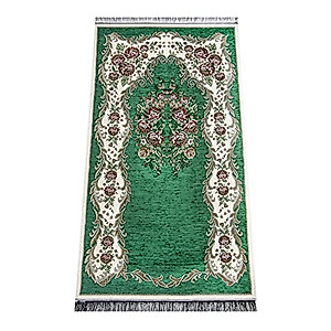 Muslim Prayer Rug, Beads and Yaseen Prayer Book with Elegant Velvet Fabric Bag | Janamaz | Sajadah | Soft Islamic Prayer Rug | Islamic Gifts | Prayer Carpet Mat, Chenille Fabric, Green