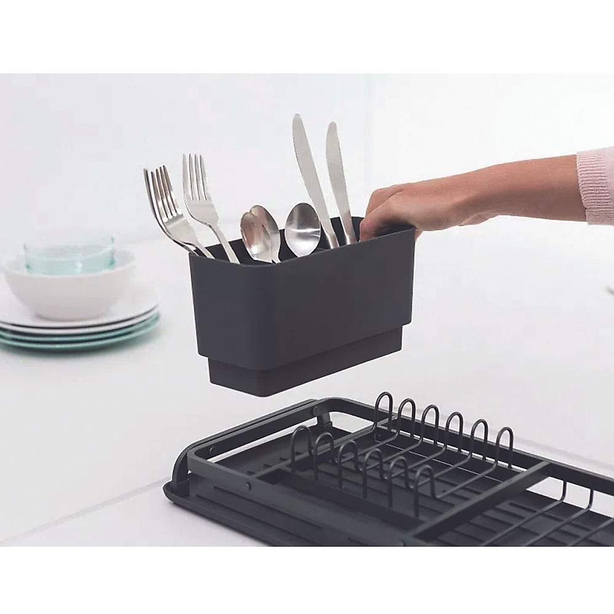 Brabantia Large Dish Drying Draining Rack (Light Gray) Plastic Easy-Clean Drip Tray & Removable Cutlery Basket