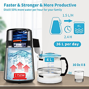 VEVOR 1.1Gal Water Distiller, 0.4Gal/H, Distilled Water Maker Machine 1750W 0-99H Timing Dual Temp Display, 304 Stainless Steel Countertop Distiller Glass Carafe Cleaning Powder 3 Carbon Packs, Silver