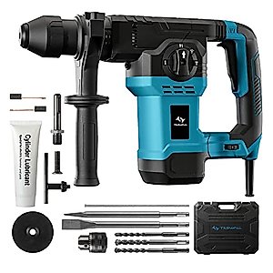 Tilswall 1-1/4 Inch SDS-Plus Rotary Hammer Drill 1500W, Safety Clutch 4 Function and Adjustable Soft Grip Handle with Vibration Control, Including Grease, Chisels and Drill Bits with Case