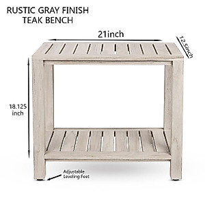 TeakCraft Gray Teak Shower Bench with Shelf 21 Inch for Bathroom, Spa - Fully Assembled, Shower Stool, Rustic Gray Finish, The Elisa