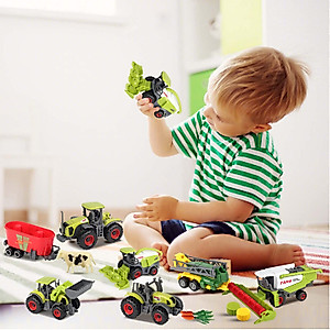 Oriate Kid's Farm Toys Realistic Tractor Vehicle Playset, Diecast Car Set Educational Mini Farm Animals with Flatbed Trailer,Birthday Gift for Children 3+ Year Old