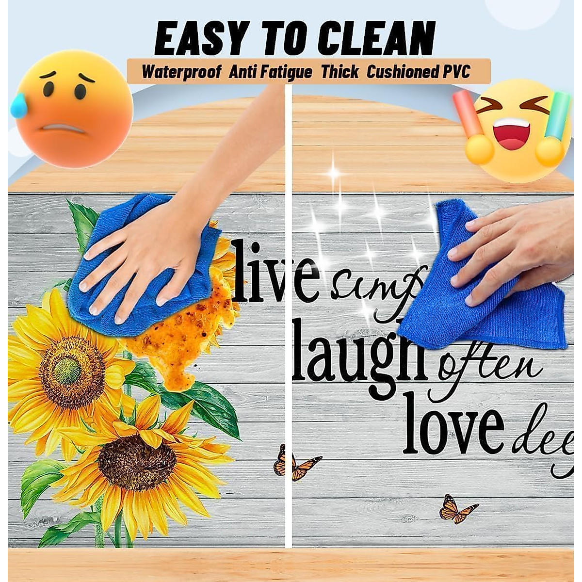 chiinvent Sunflower Farmhouse Kitchen Rugs 0.4 Inch Thick Anti Fatigue Cushioned Kitchen Mat Set of 2 Non Skid Washable Memory Foam Kitchen Mats for Standing, Laundry, Office, 17.3x28+17.3x47 Inch