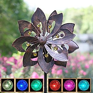 TOMBABY Solar Copper Wind Spinner with Glass Ball Color Changing LED Lighting with Kinetic Wind Mill Dual Direction for Patio Lawn Garden Holiday Decoration