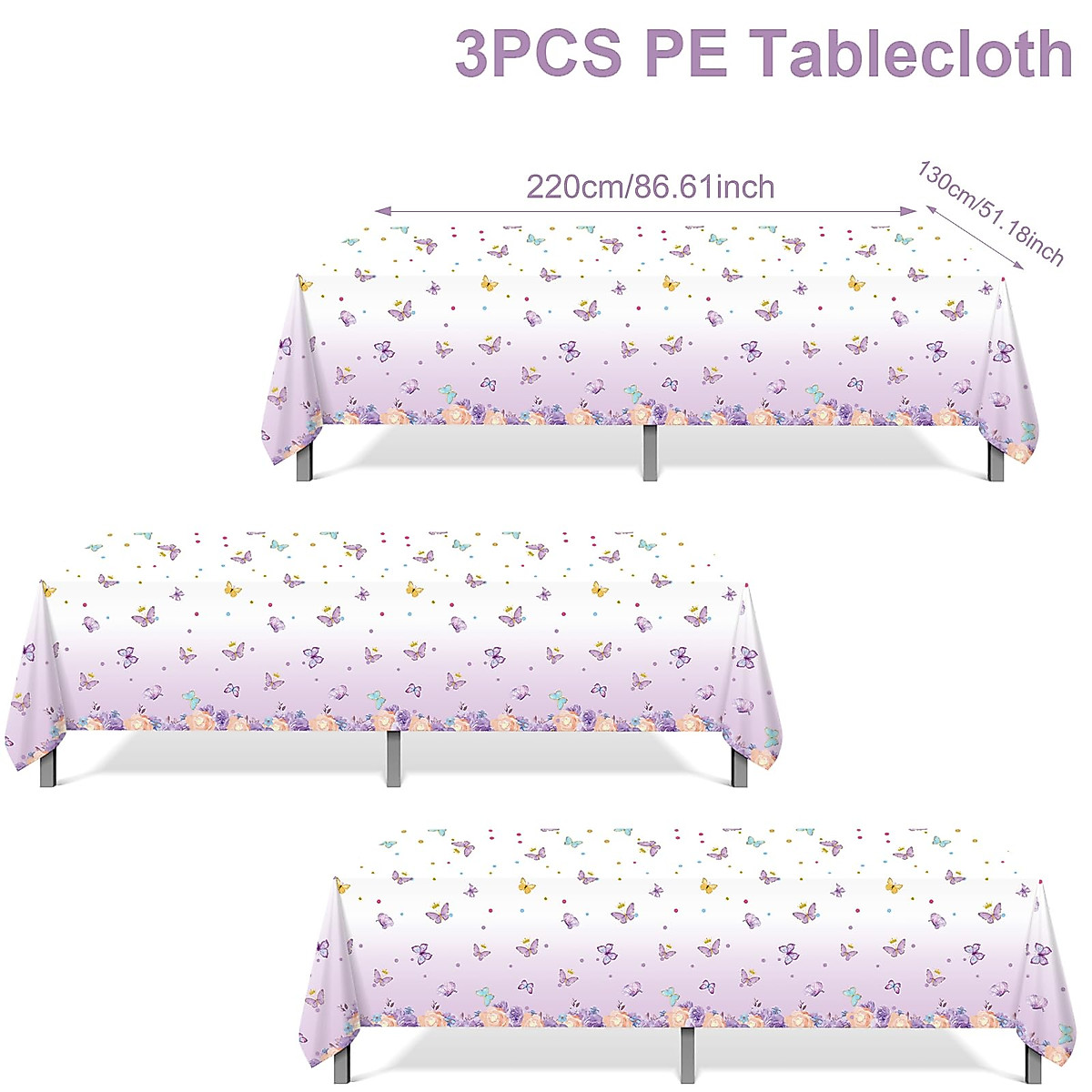 Butterfly Birthday Decorations Disposable Tablecloths - 3 Pcs Purple Birthday Butterfly Waterproof Table Covers, Butterfly Baby Shower Decorations for Girls, Spring Themed Table Party Supplies
