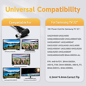 19V Power Cord for Samsung TV 32" UN32J4000, UN32J4000AF, UN32J400DAF, UN32J400DAFXZA, UN32J5205, UN32J5205AF, UN32J5205AFXZA, UN32J5003, UN32J5003AF; Model A4819-FDY, BN44-00835A Power Supply Cord