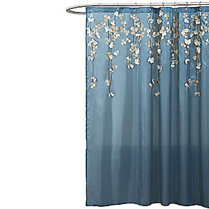 Lush Decor Flower Drops Shower Curtain | Embroidered Textured Fabric Floral Bathroom Decor, 72” x 72”, Blue and White