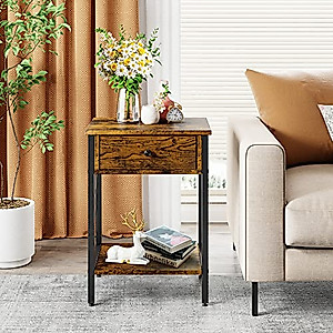Vongrasig Nightstand with Wooden Drawer and Storage Shelf, Narrow Side Table for Small Spaces with Industrial Steel Frame, Modern Bedside End Tables with Drawer for Bedroom, Living Room, Rustic Brown
