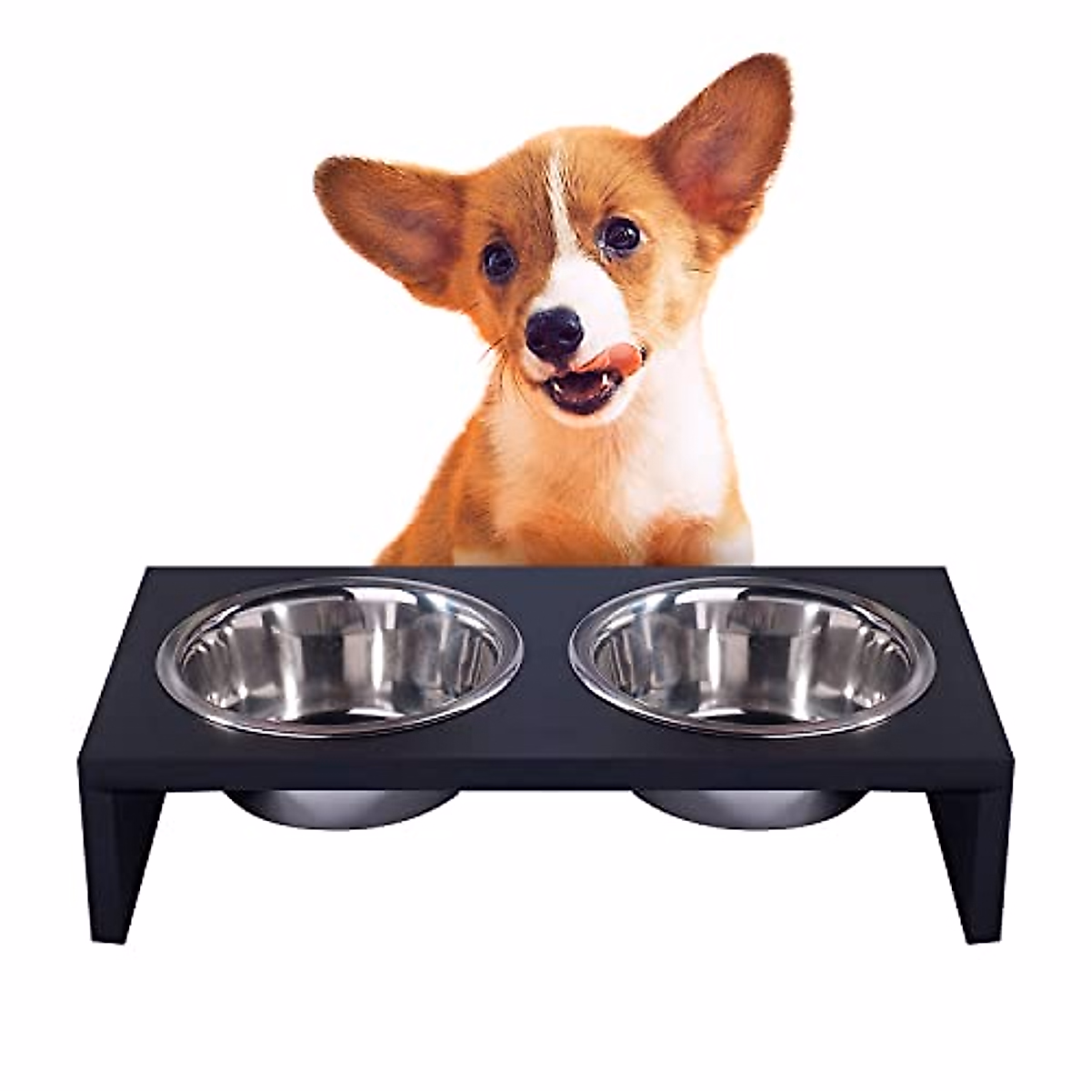 Pawise Elevated Dog Bowls, Raised Cat Feeder Elevated Food and Water Bowls Stand with 2 Stainless Steel Bowls and Anti Slip Feet, Wooden Frame Pet Feeder 750ml