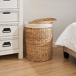 Round Woven Wicker Laundry Hamper with Lid - Large Water Hyacinth Storage Wicker (Natural Brown, 15"L x 15"L x 20"H)