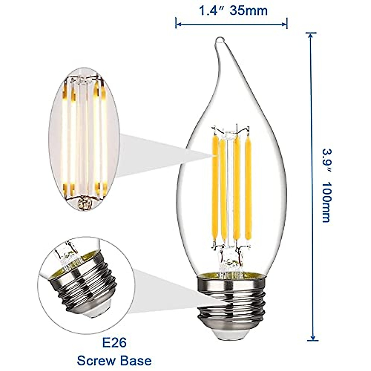 BORT C35/CA11 Chandelier led Light Bulbs, Dimmable 4W Equivalent to 40W LED Candelabra Bulbs, 2700K Warm White, E26 Standard Base LED Bulbs, Flame Tip (C35-E26-6 Pack)