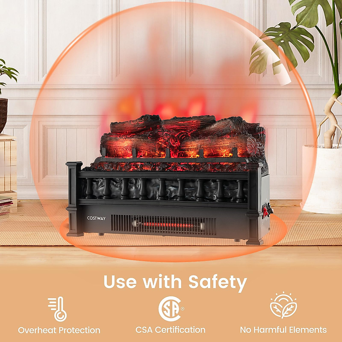 COSTWAY Eternal Flame Electric Fireplace Log, 20-inch Fireplace Insert Log Heater with Realistic Pinewood Ember Bed, Adjustable Temperature, Infrared Electric Fireplace Log for Home Decor, Black 1500W