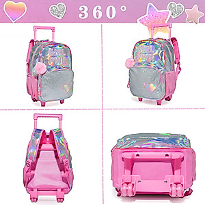 HTgroce 3PCS Pink Rolling Backpack for Girls, Sequin Backpack Wheels for Girls, Girls Rolling Bookbag, Suitcase Wheeled School Bag Set for Kindergarten Elementary School