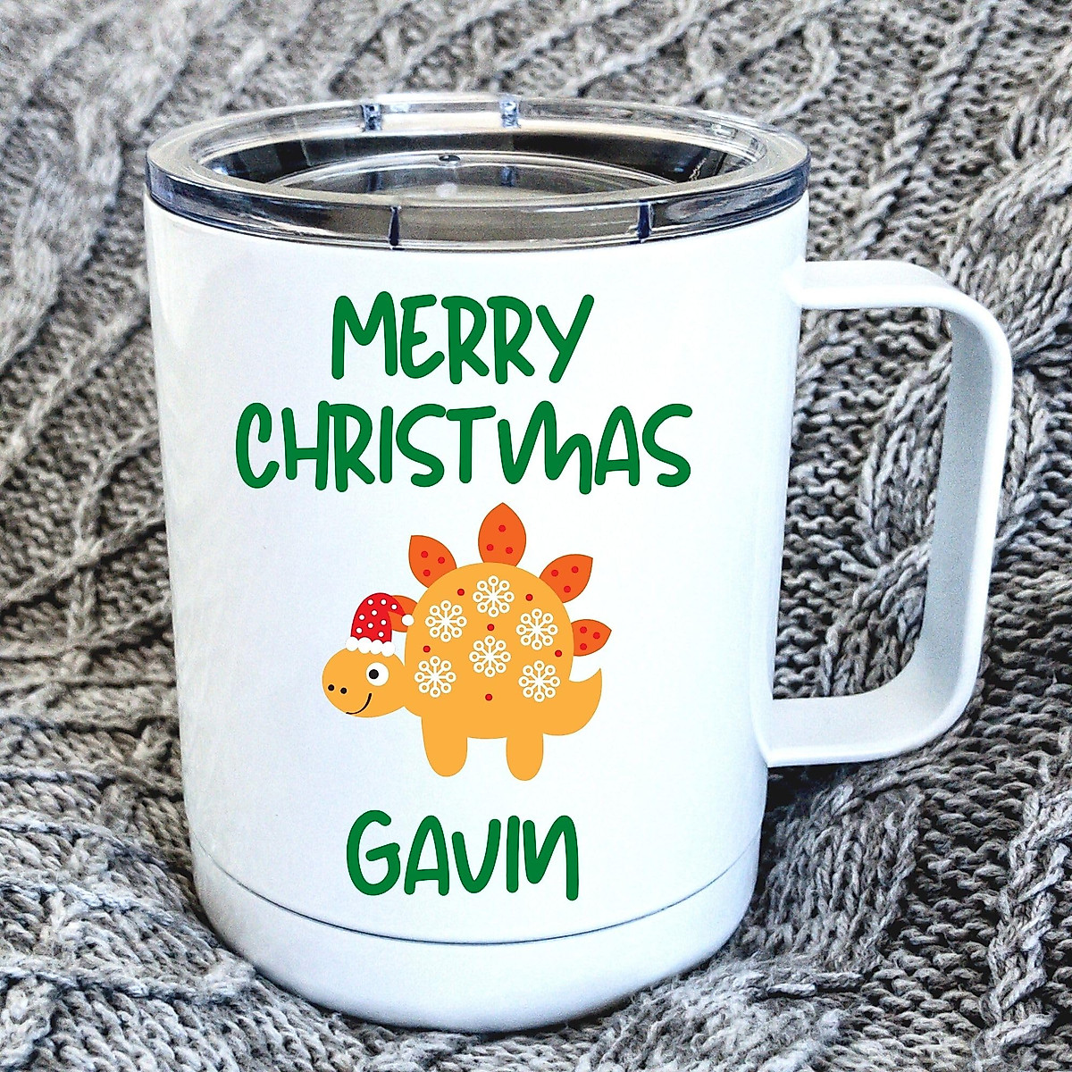 Kid's Christmas Dinosaur Hot Chocolate Mug/insulated with lid/custom Merry Christmas Dinosaur mug with name gift for son grandson nephew