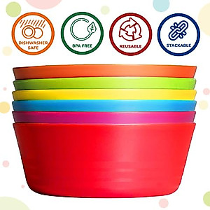 PLASKIDY Kids Plastic Bowls Set of 12 Children Bowl 10 Ounce Microwave Dishwasher Safe BPA Free Non Toxic Toddler Bowls 6 Bright Colors for Cereal, Soup, Snack Great Plastic Bowls for Kids & Toddlers