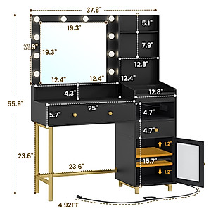 VIAGDO Black Vanity Desk with Mirror and Lights, Makeup Vanity with Charging Station & 3 Storage Compartments, Makeup Desk with Drawers and Open Storage Shelves, Bedroom Dressing Table