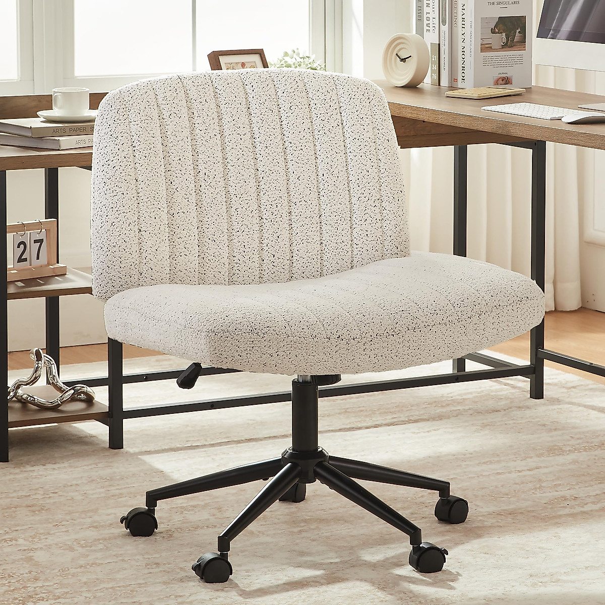 Dowinx Criss Cross Chair with Locking Wheels, Preminum Fabric and Pocket Spring Cushion, Adjustable Swivel Wide Seat Computer Chair, Morden Design Vanity Chair White