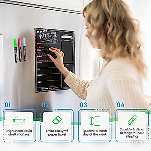Magnetic Dry Erase Menu Board for Fridge with 3 Bright Neon Chalk Markers - 16x12" - Weekly Meal Planner Blackboard and Grocery List Notepad for Kitchen Refrigerator - Whiteboard Chalkboard Magnet