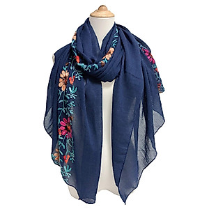 GERINLY Embroidery Flower Scarf for Women Aesthetic Bohemian Head Wrap Lightweight Shawl for Spring (N-Navy)