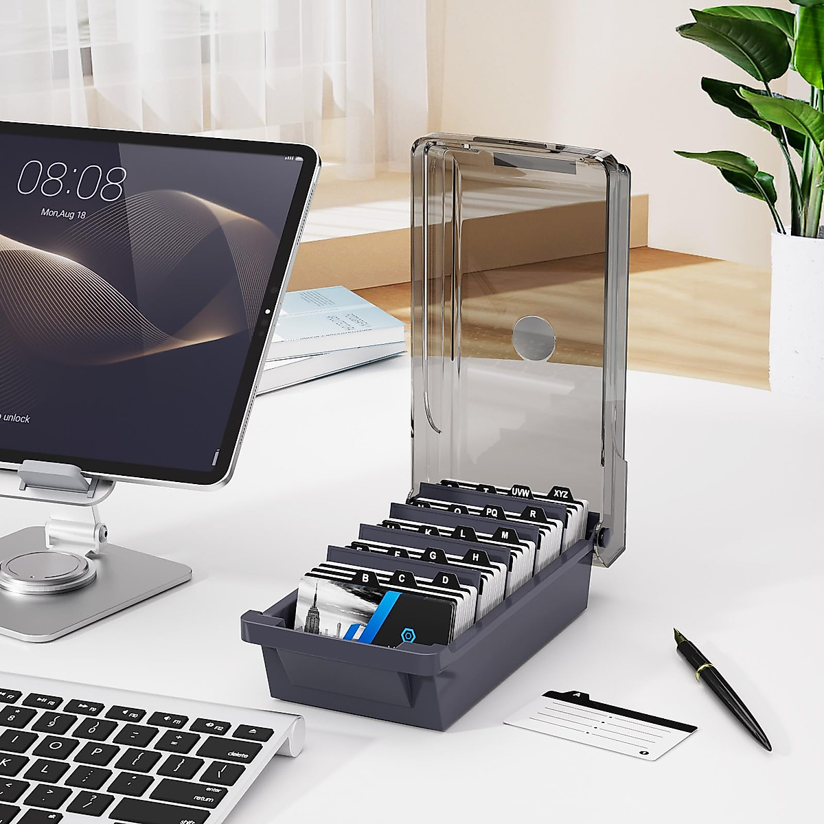 MaxGear Business Card Holder for Desk, Business Card Case Organizer, Credit Card Holder File, Business Card Holders Box Storage, Capacity: 500 Cards (2.2” x 3.5”), 4 Divider Boards & A-Z Tabs, Gray