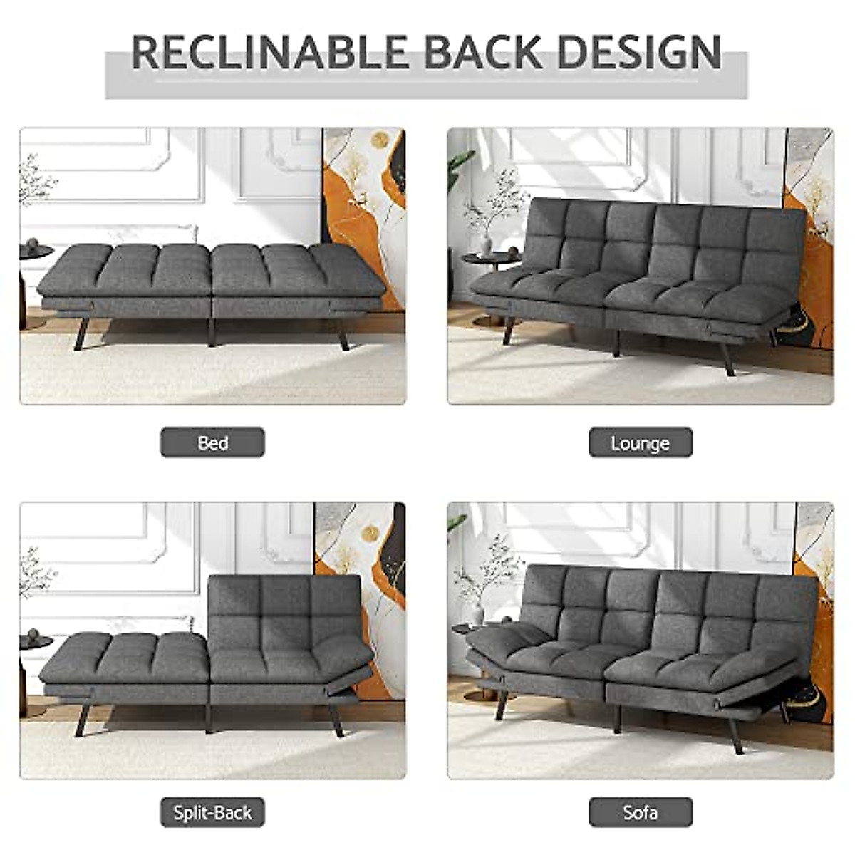 LIFERECORD Futon Bed Modern Convertible Sofa Memory Foam Daybed with Adjustable Armrests for Living Room Apartment Dorm, Graphite Grey