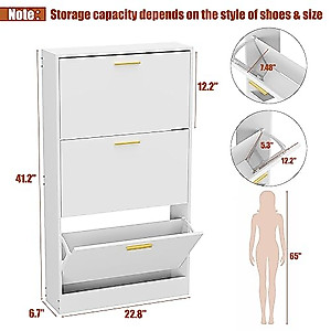 RESOM 3-Tier White Shoe Cabinet with Flip Drawers, Narrow Shoe Storage Rack, Modern Free Standing Tipping Bucket Shoe Organizer Cabinet for Entryway