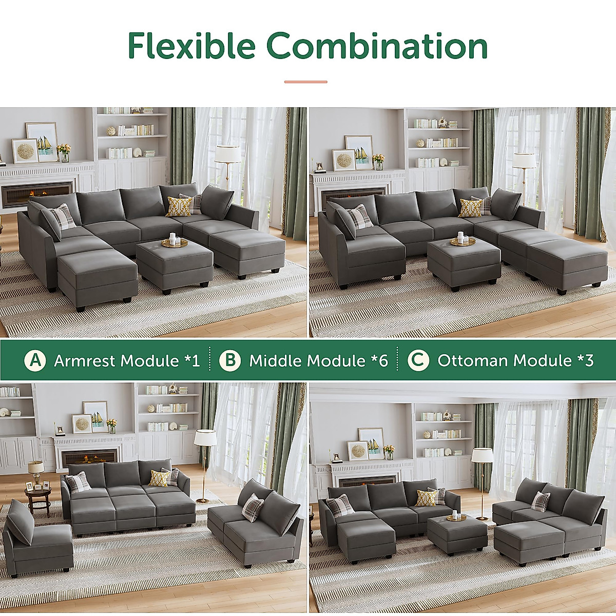 HONBAY Modular Sectional Sofa Set Oversized U Shaped Couch with Storage Ottoman Convertible Sleeper Sectional Sofa Velvet Modular Couch with Wide Chaise, Grey