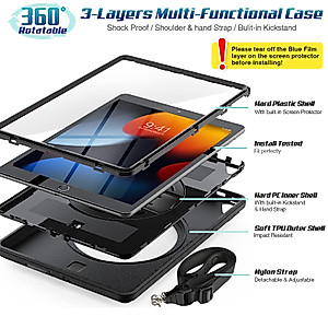 SEYMAC stock Case for iPad 9th/ 8th/ 7th Generation 10.2 Inch 2021/2020/ 2019, Full-Body Case with 360 Rotating Stand & Hand Strap [Pen Holder] [Screen Protector] - Black