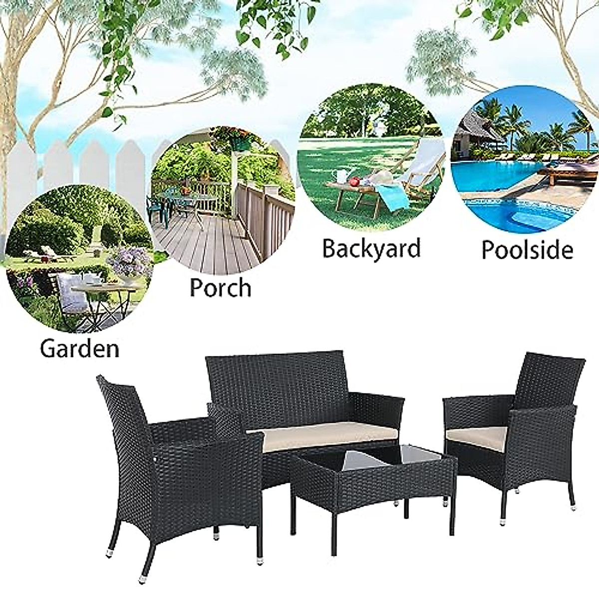 Furnivilla 4 Pieces Patio Furniture Sets Outdoor Furniture PE Wicker Patio Set Patio Conversation Set Balcony Furniture with Cushions and Table for Yard,Pool or Backyard (Black-Beige)