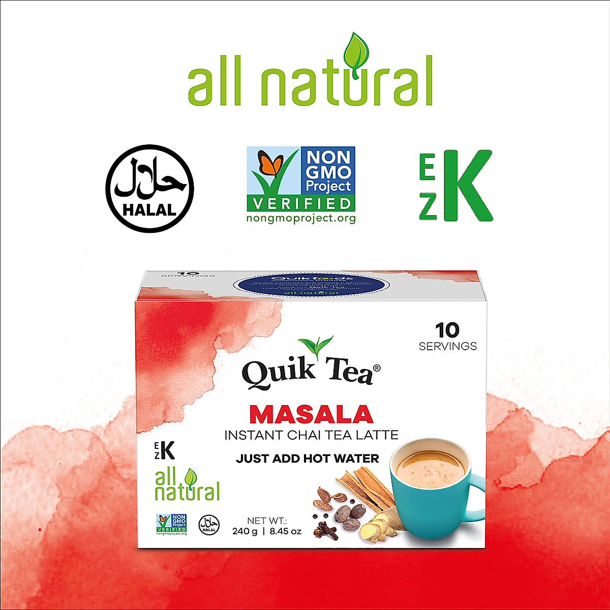 QuikTea Masala Chai Tea Latte - 10 Count Single Box - All Natural Preservative Free Authentic Chai