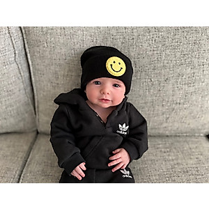 Funky Junque Classic Knit Winter Hat w/Patch: Baby - White (Yellow Smiley)