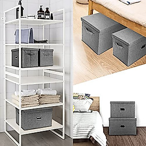 Valease 2-Pack Large Linen Foldable Storage Bins with Removable Lids and Handles, Washable Collapsible Storage Box Containers Baskets Cube with Cover for Bedroom,Closet,Office,Living Room,Nursery (Grey, Large)