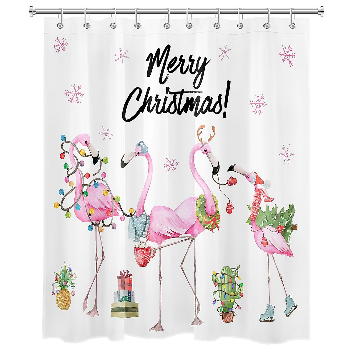 HVEST Merry Christmas Shower Curtain, Pink Flamingo and Pineapple Cactus on White Background Shower Curtain for Bathroom, Winter Snowflake Fabric Shower Curtain with Hooks, 60W x 72L Inches