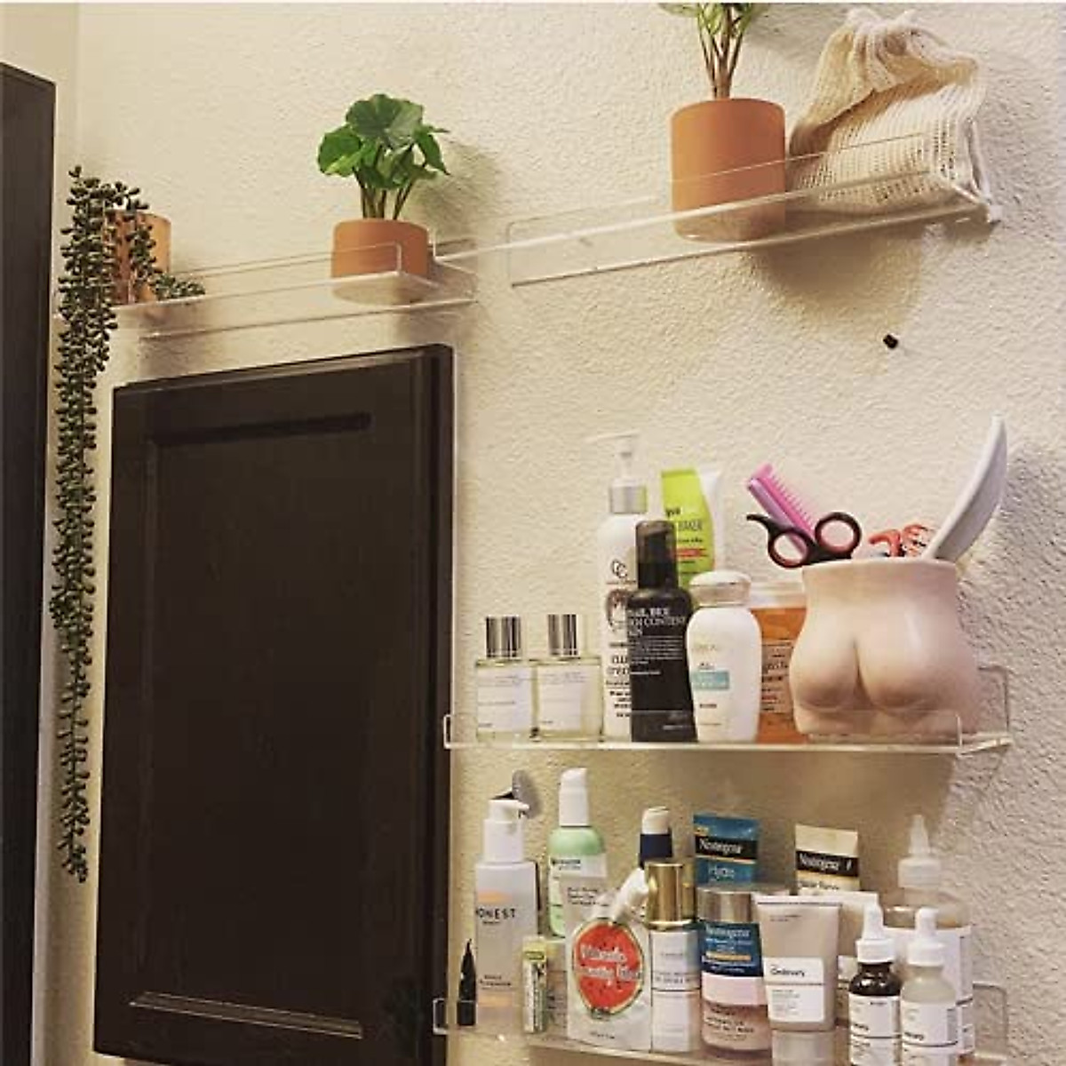 Acrylic Floating Wall Shelves 4 Pack Kids Bookshelf 24 Inch, Wall Mounted Invisible Ledge Shelf, Spice Rack, 4MM Thick Clear Bathroom Storage Shelves Display Organizer Toy Picture with 12 Screws