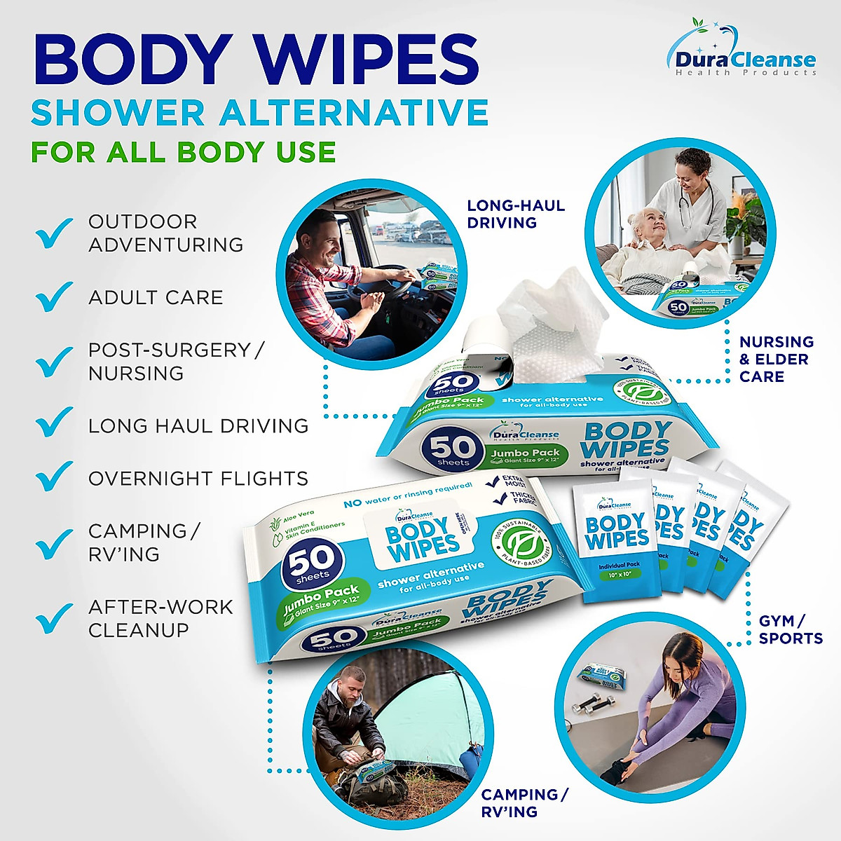 XL Body Wipes for Adults Bathing No Rinse - 50 Ct. + 4 Travel Shower Wipes - 9"x12" Thick Cleansing Bath Wash Wipes for Elderly Incontinence - Disposable Washcloths, Camping Essentials for Women & Men