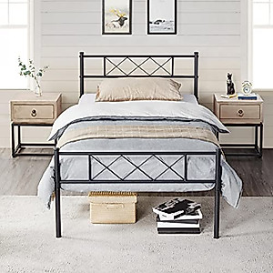 Yaheetech Twin Metal Platform Bed Frame Mattress Foundation with Headboard and Footboard No Box Spring Needed Under Bed Storage Steel Slats Black