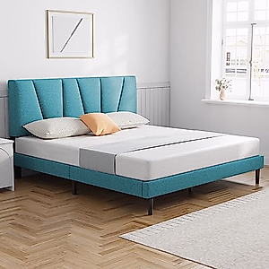 Molblly Queen Bed Frame Upholstered Platform with Headboard and Strong Wooden Slats, Strong Weight Capacity, Non-Slip and Noise-Free,No Box Spring Needed, Easy Assembly,Peacock Green