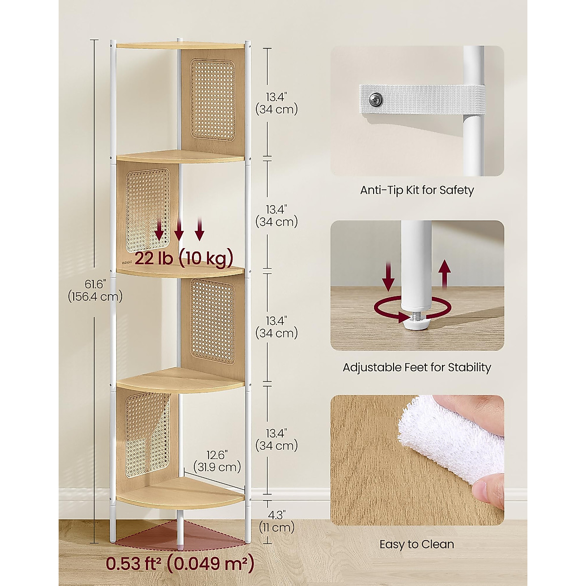 VASAGLE 5-Tier Corner Shelf Stand, Boho Corner Bookshelf with Polyrattan Sides, Plant Stand for Living Room Bedroom Study Kitchen, Oak Beige ULLS588Y57