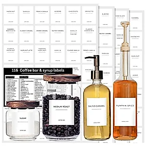 Jweltz 116 Coffee Syrup Labels - Preprinted Custom Coffee Station Stickers for Organization - Includes 86 Minimalist Syrup Dispenser Labels, 30 Coffee Bar Labels - Stainproof & Waterproof