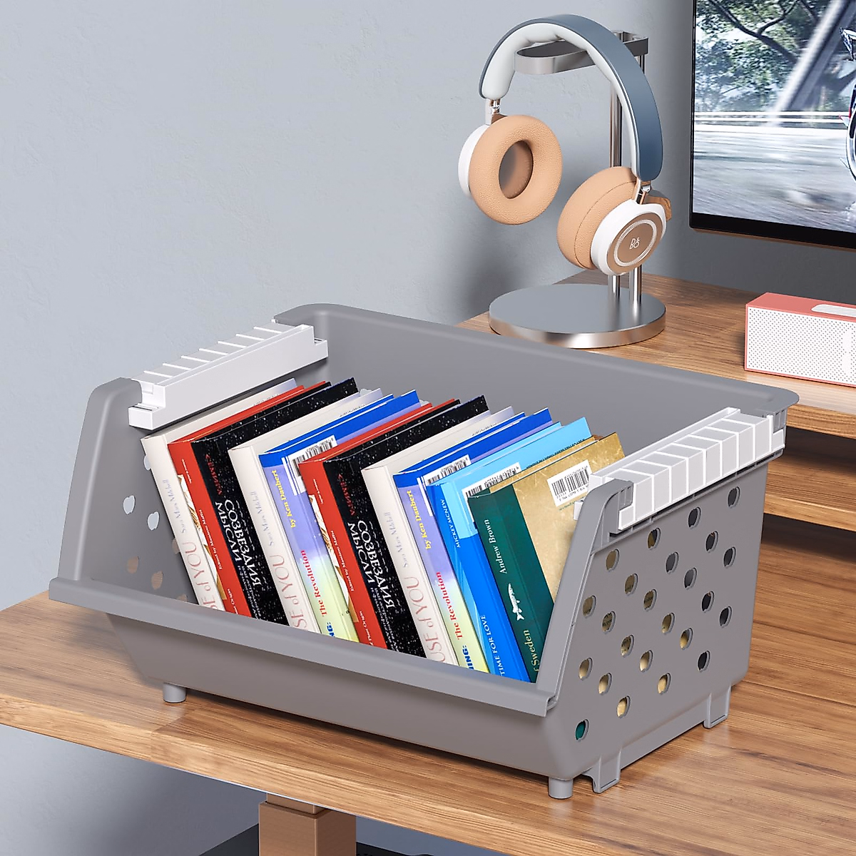 Wakikini Large Plastic Stackable Storage Baskets, Plastic Open Front Stacking Bins, Gray, 4 Packs