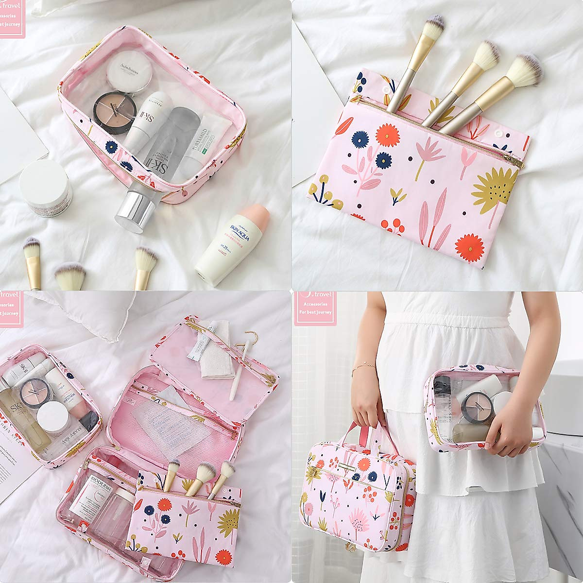 Lychii Hanging Toiletry Bag for Women, Travel Makeup Organizer Cosmetic Case for Bathroom Shower, Large - Floral Printed