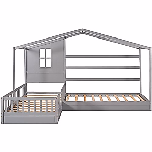 Harper & Bright Designs House Bed with Double Twin Beds, Wood L-Shaped 2 Platform Beds Roof ,Window,Fence and Slatted Design, Corner Playhouse Frame ,Montessori for Kids Girls Boys ,Grey